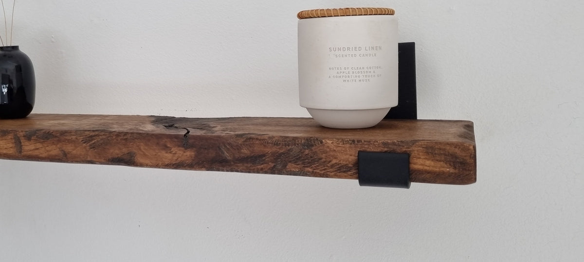 Reclaimed oak shelf with metal brackets – Real Beams